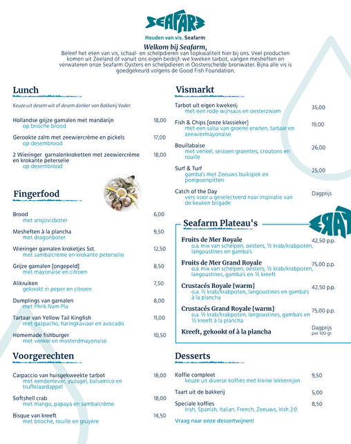 Menukaart van Seafood restaurant Seafarm.